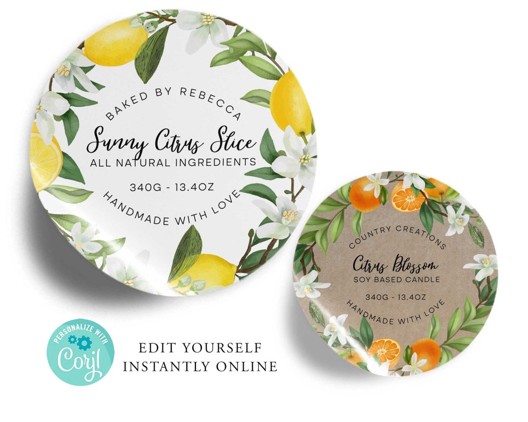 Oranges & Lemon ROUND Editable Product Sticker, ORGANIC Custom Product ...