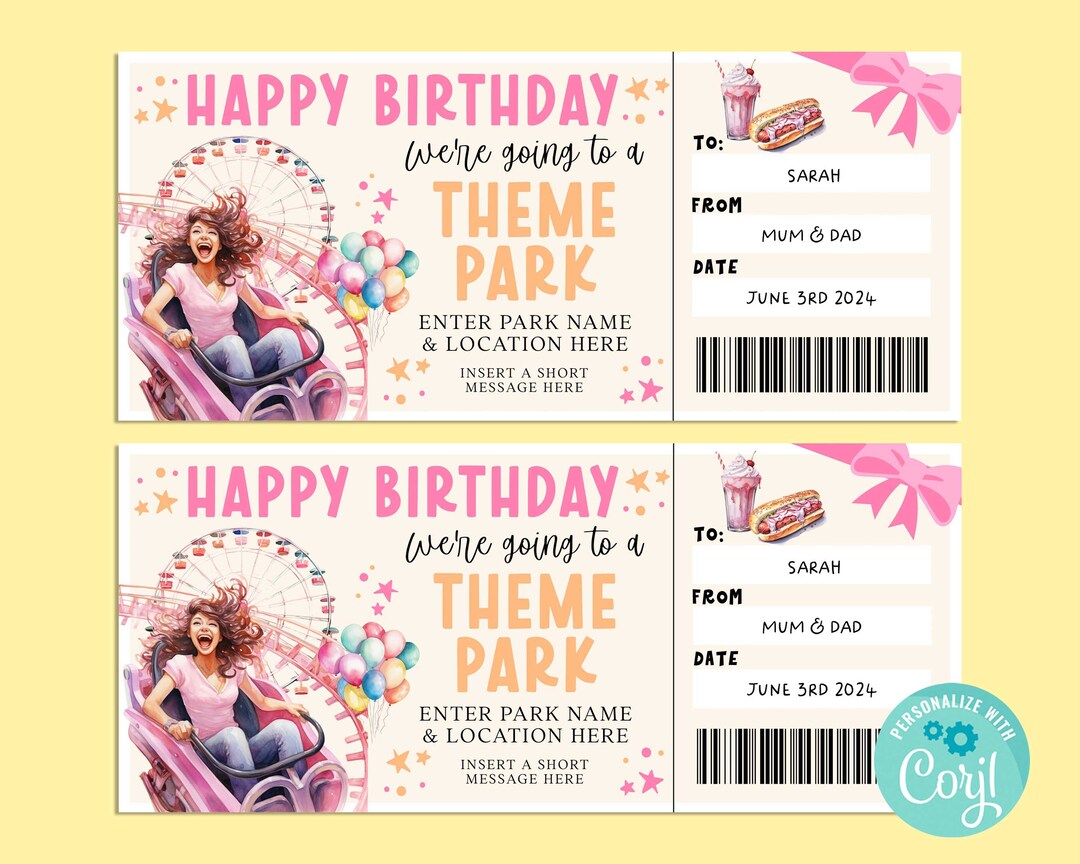 Birthday THEME PARK Editable Gift Ticket Template, Birthday Gift ...