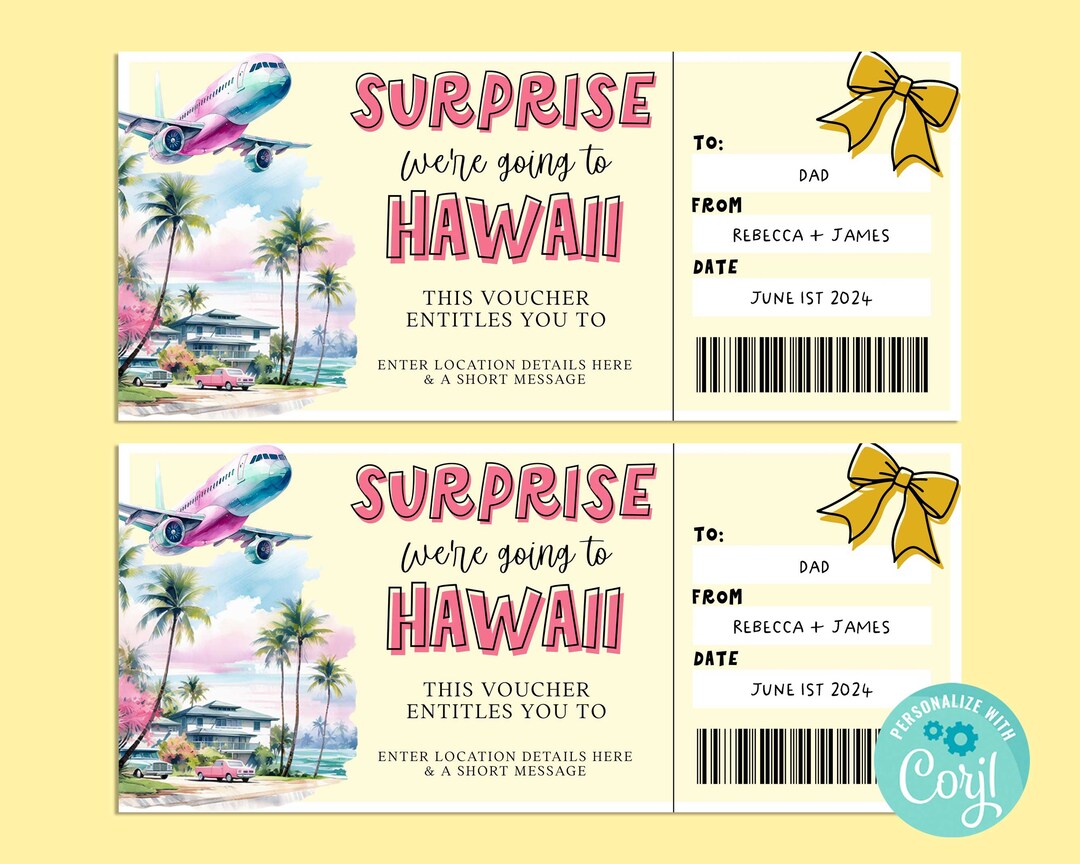 Surprise HAWAII Trip Gift Ticket, Happy Birthday Gift Card, Gift ...