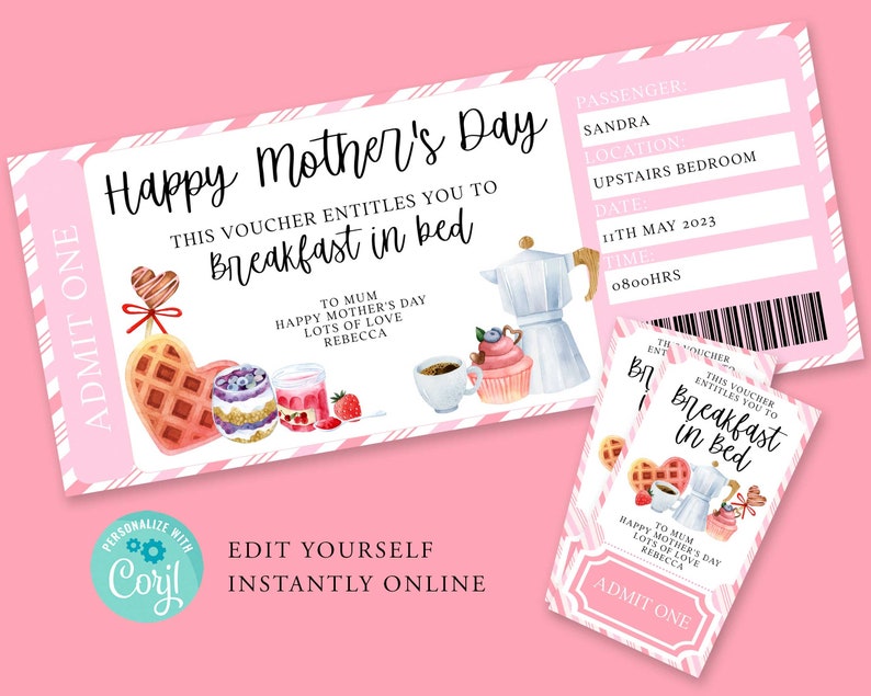 Editable Breakfast in Bed Gift Ticket, Mothers Day, Happy Birthday ...