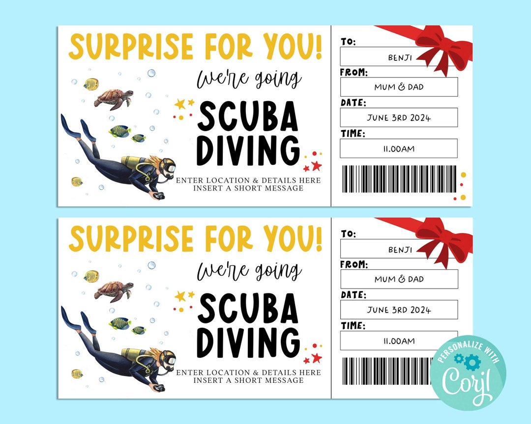 Surprise SCUBA DIVING Gift Ticket, Birthday Gift Card, Gift Certificate ...