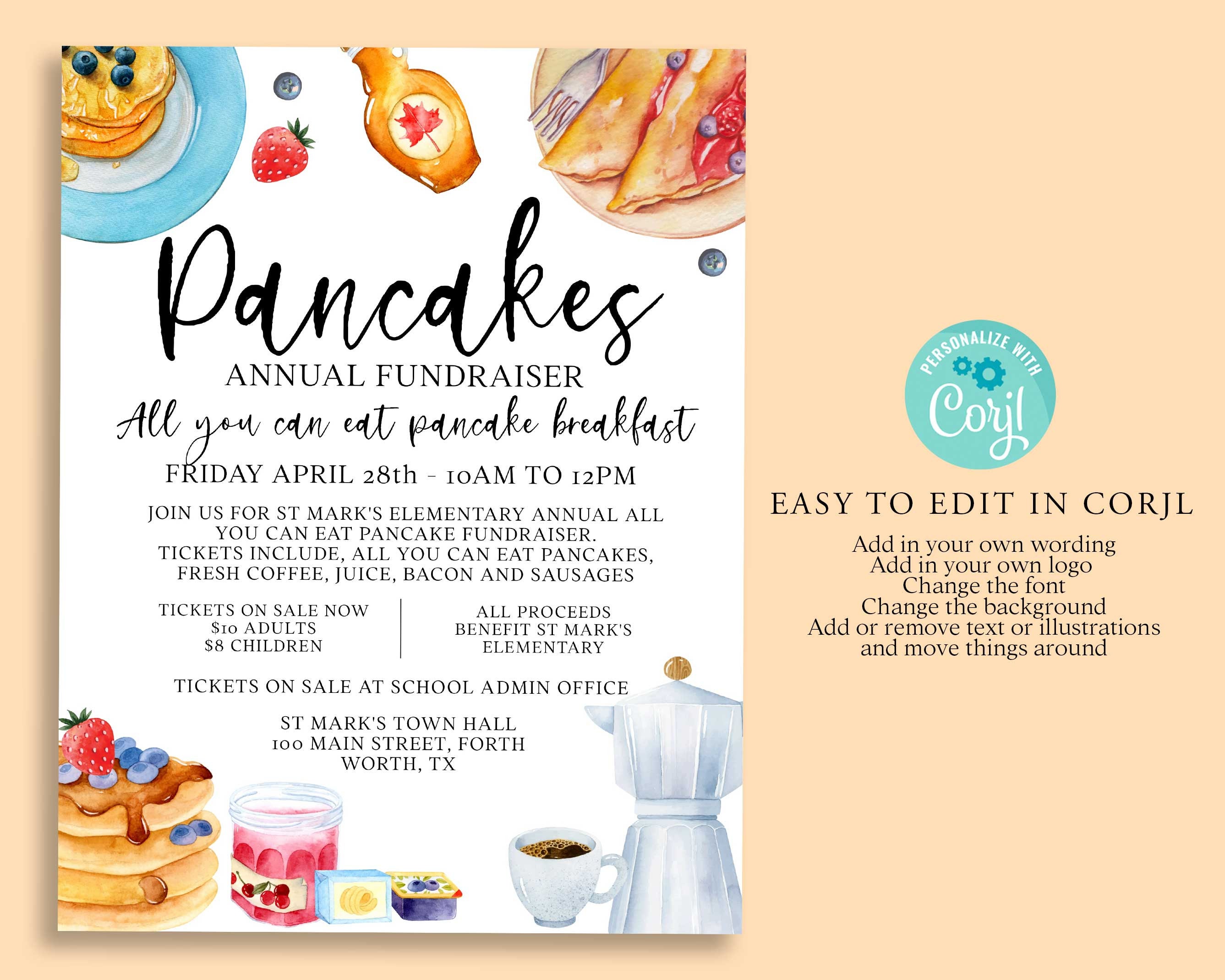 Editable PANCAKE Fundraiser Flyer Template, Charity Non Profit Event ...