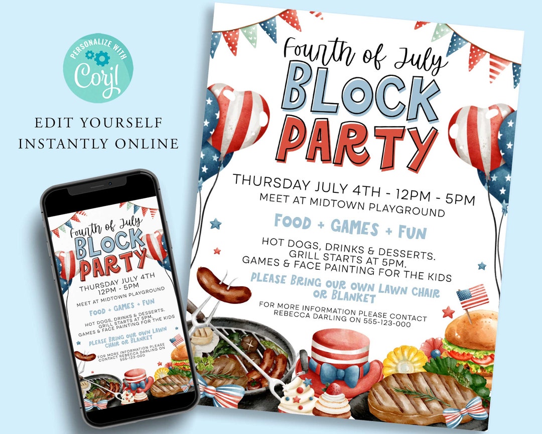 JULY FOURTH Block Party or Grill Flyer Template, Independence Day Bbq ...