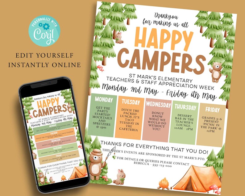 Camping TEACHER APPRECIATION Editable Flyer Template, Staff Invite ...