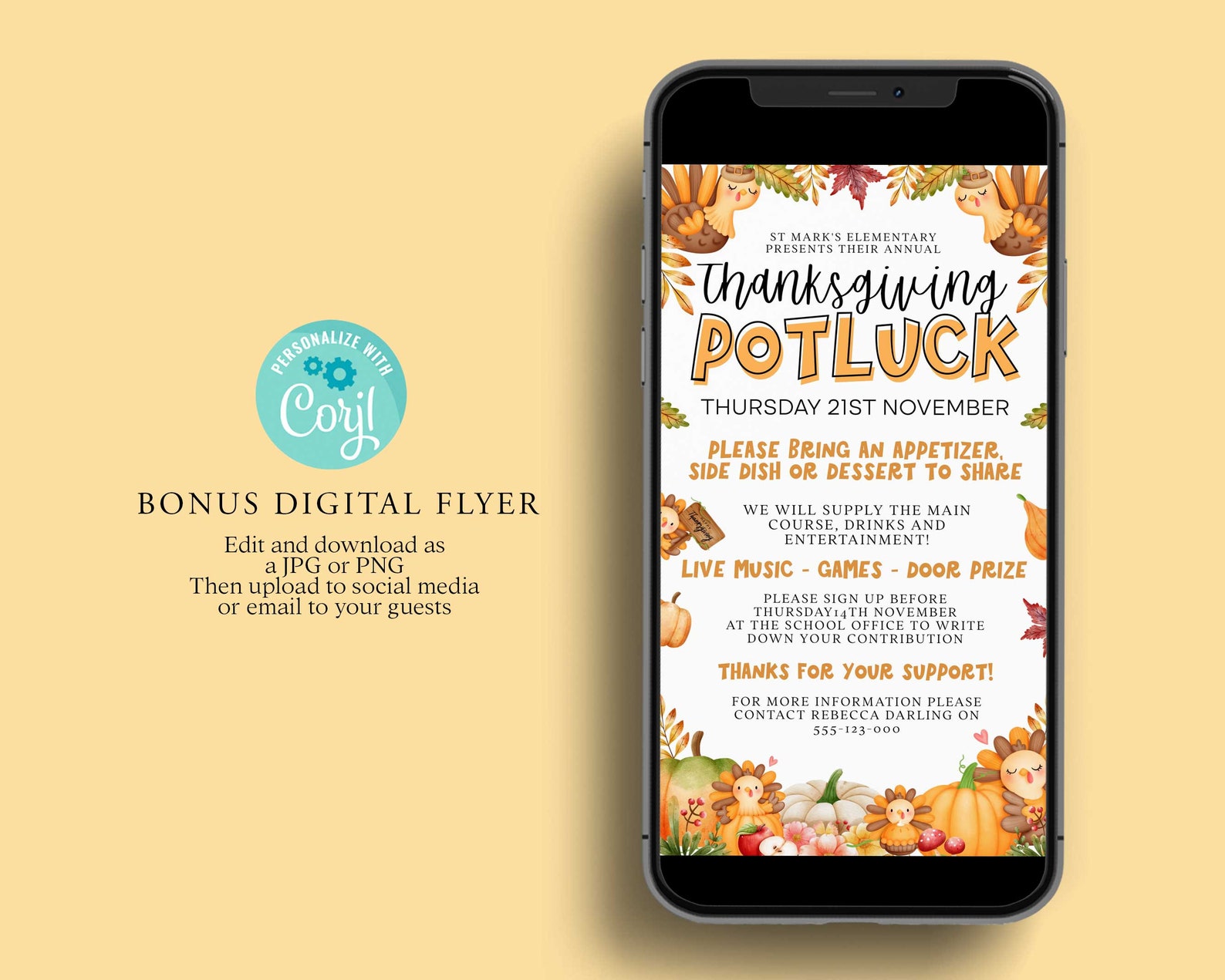 THANKSGIVING Potluck Printable PTA Flyer, School Teacher Appreciation ...