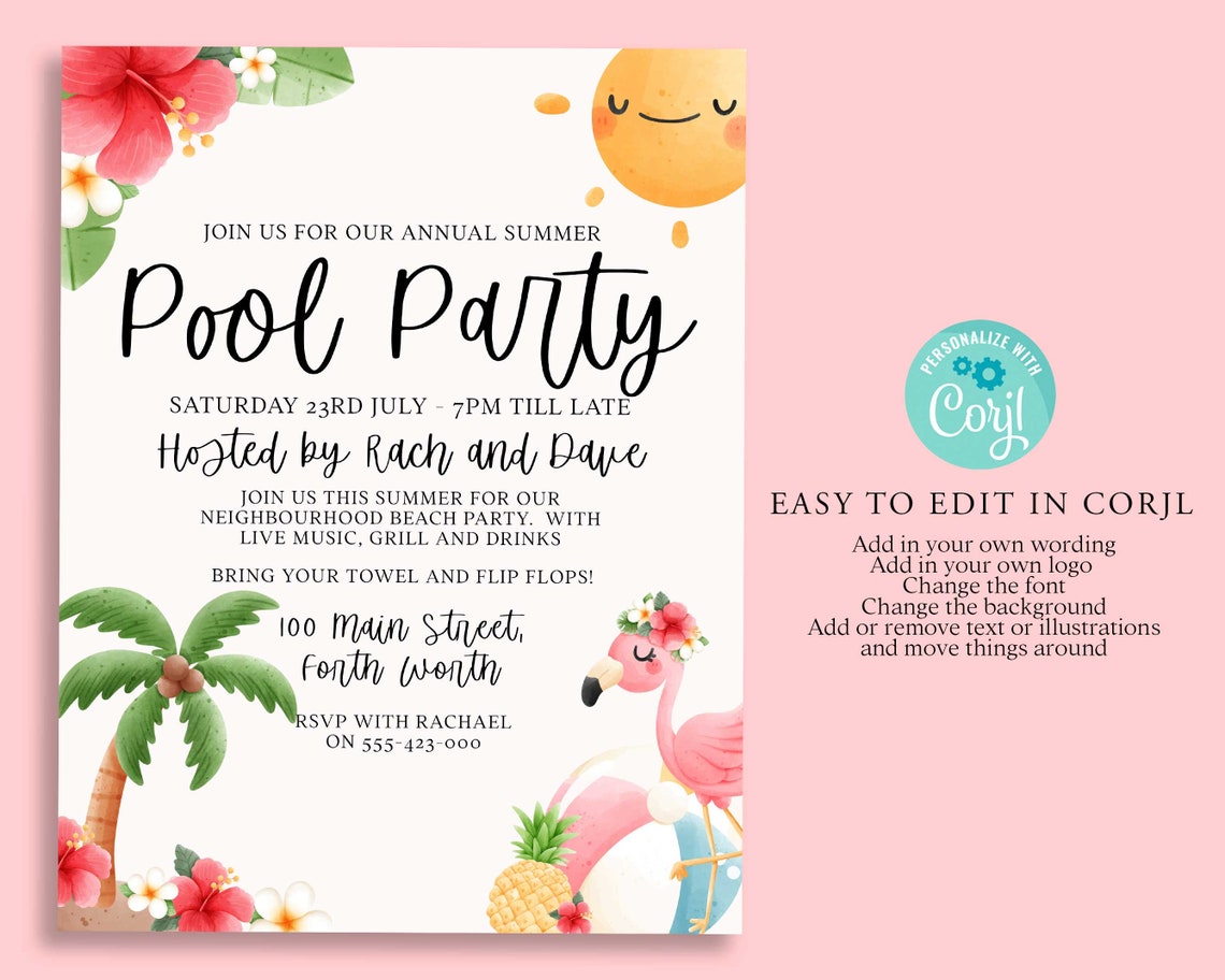Editable SUMMER Pool Party Flyer Template, Diy Barbeque, Luau, BEACH ...