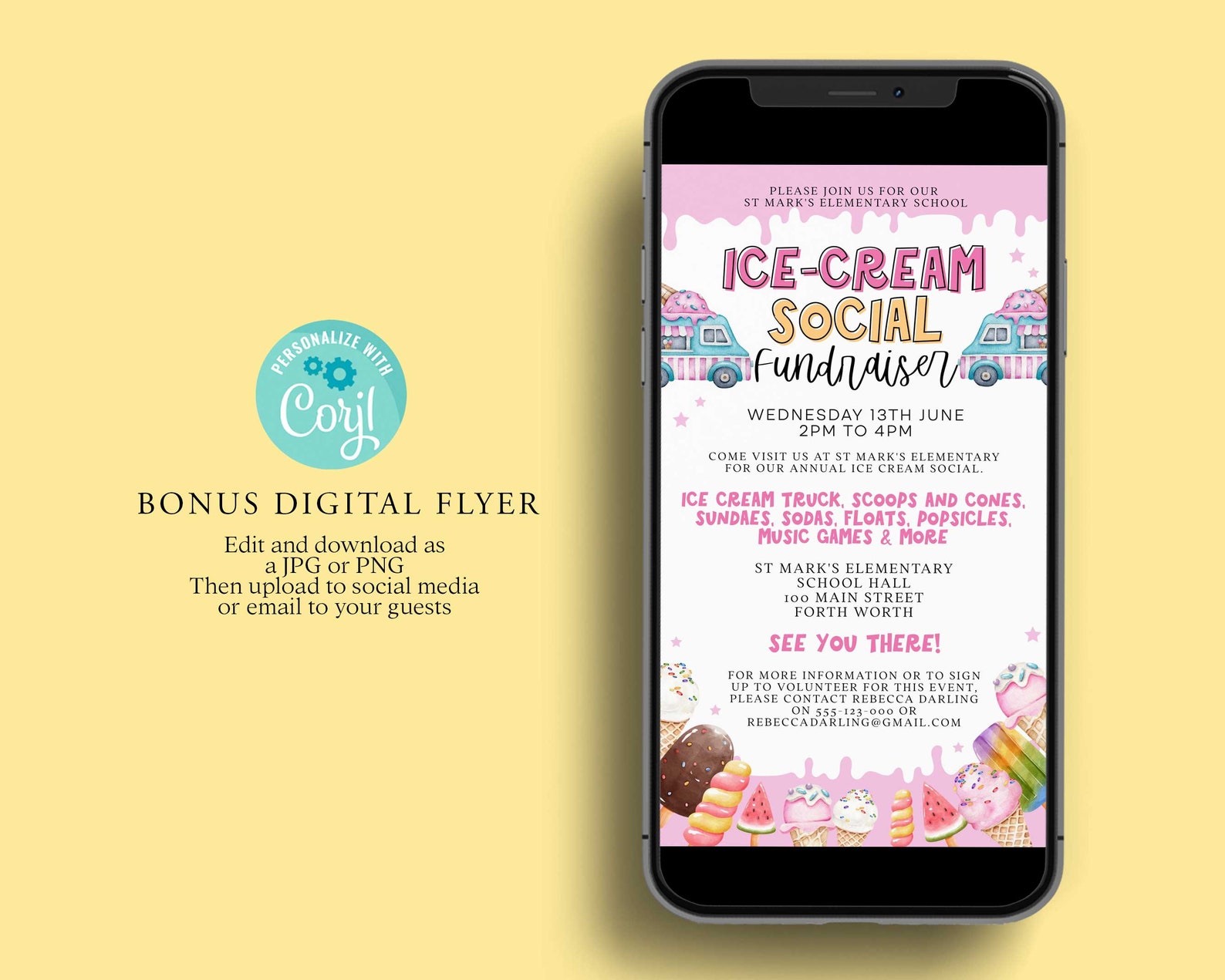 ICECREAM Social Fundraiser Editable Template, Flyer, Printable PTA ...