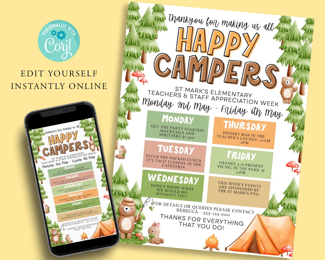 Camping TEACHER APPRECIATION Editable Flyer Template, Staff Invite ...