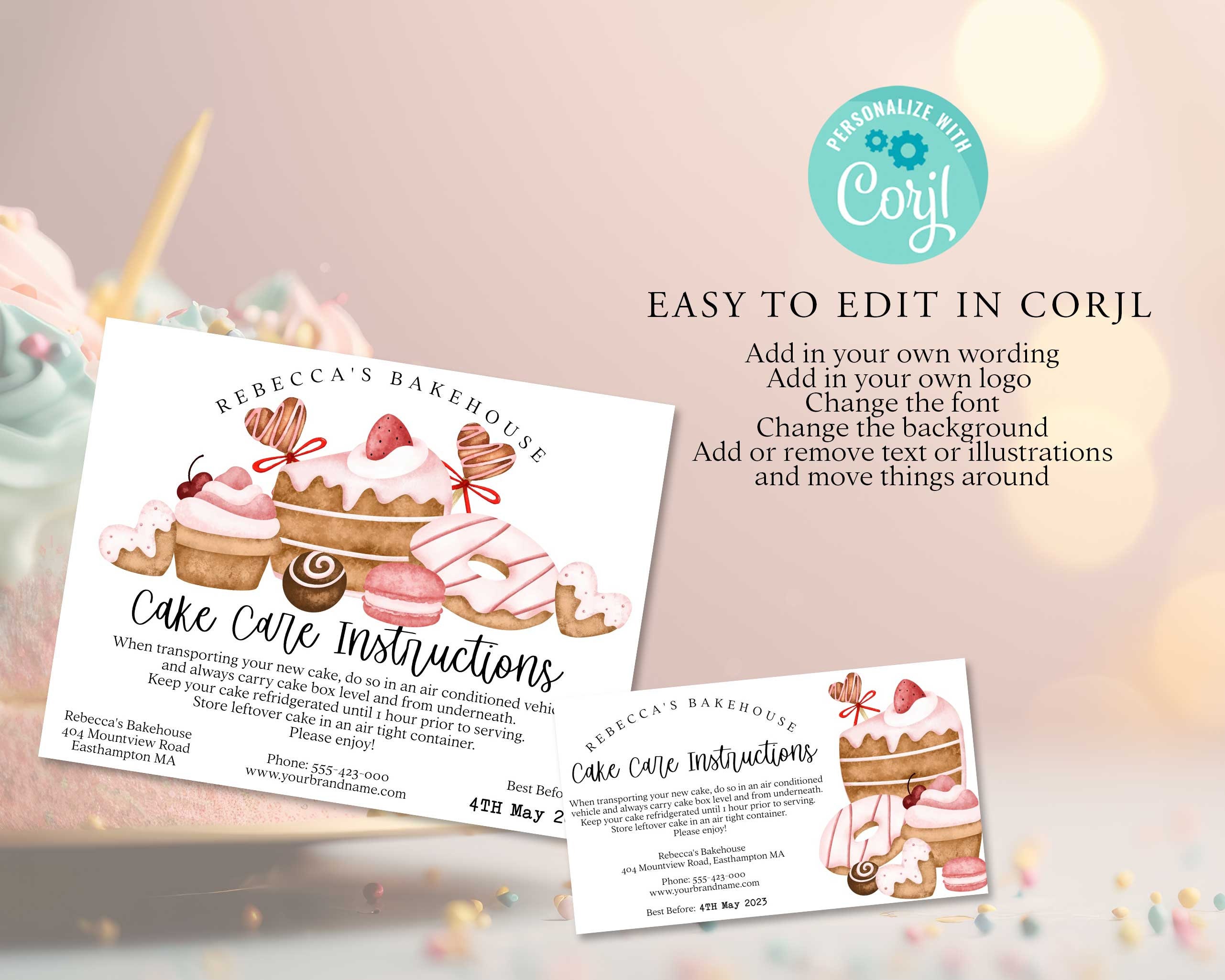 Cake Care Instruction Card Template, Cupcake Care Label, Cake or ...
