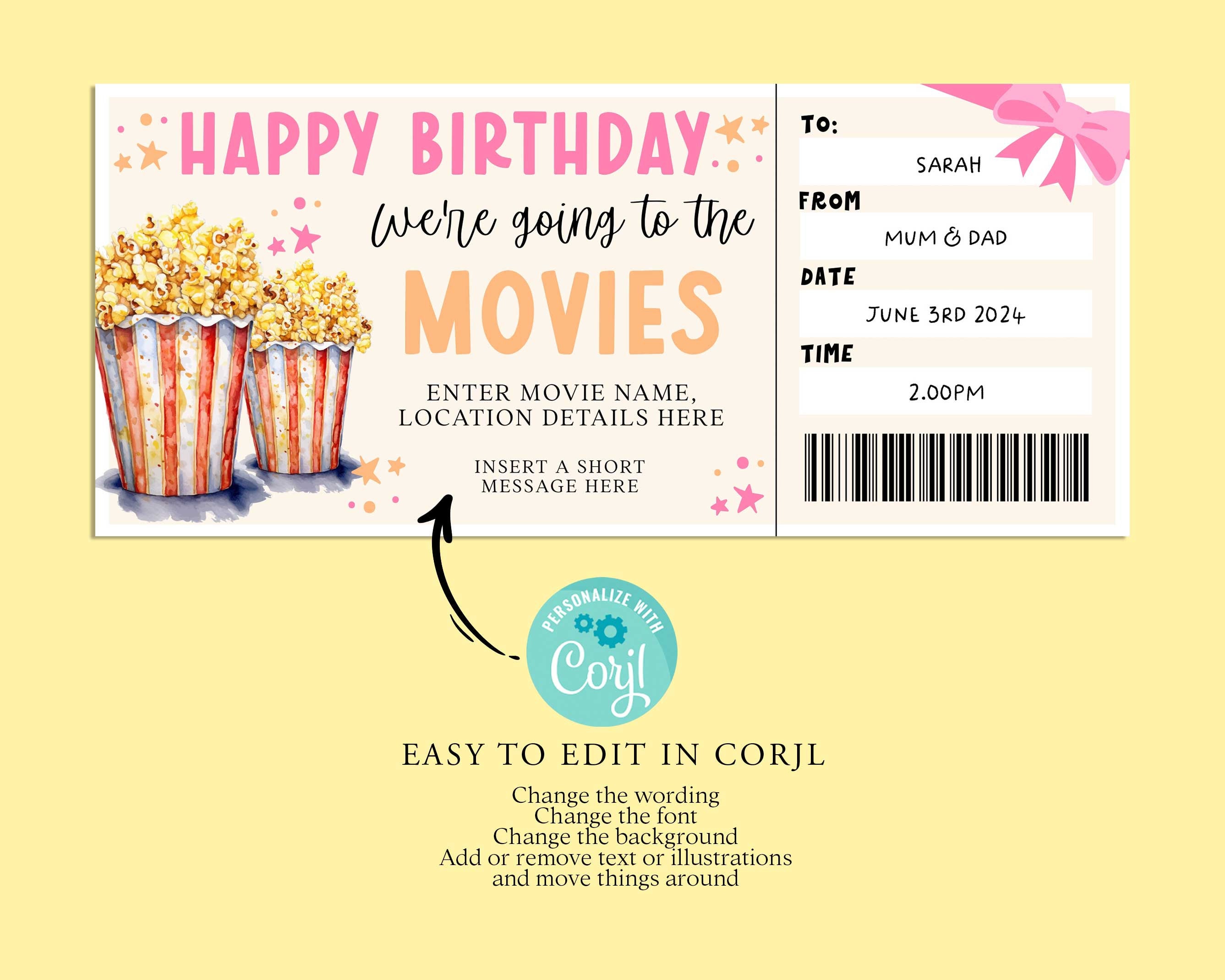 Birthday MOVIES Editable Gift Ticket Template, Happy Birthday Gift ...