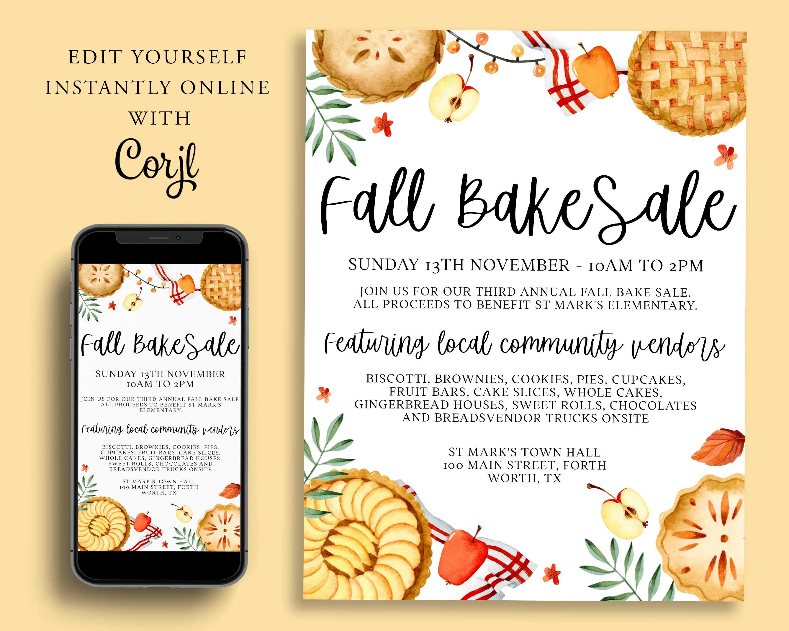 Editable FALL Bake Sale Flyer Template, DIY, Event Poster, Harvest ...