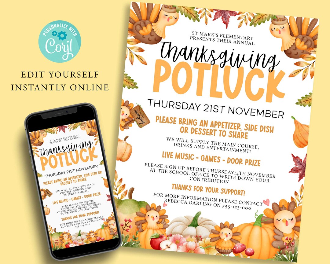 THANKSGIVING Potluck Printable PTA Flyer, School Teacher Appreciation ...