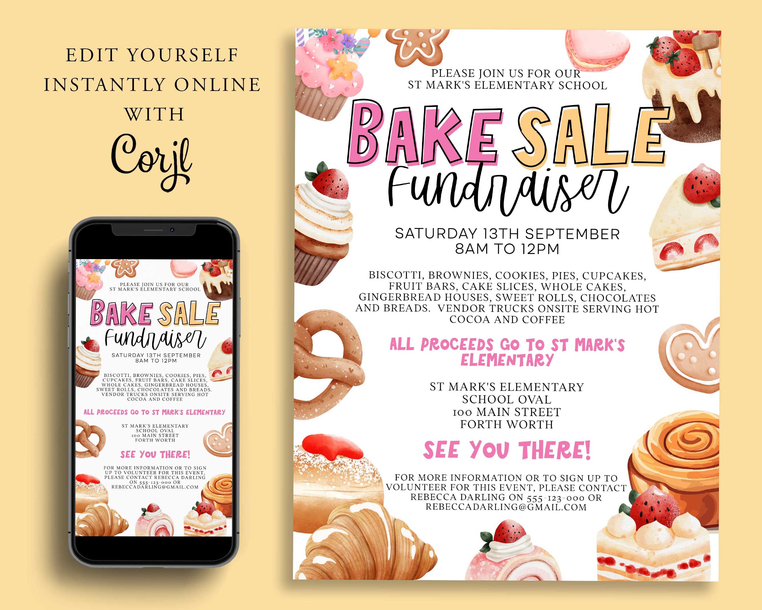 BAKE SALE Social Fundraiser Editable Template, Flyer, Printable PTA ...