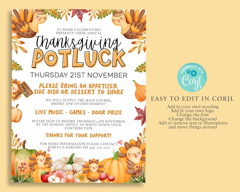 THANKSGIVING Potluck Printable PTA Flyer, School Teacher Appreciation ...