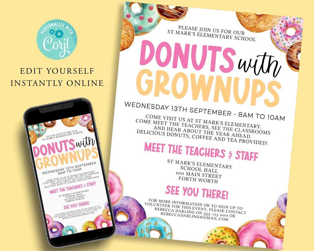 DONUTS With Grownups, Flyer, Printable PTA Flyer, School Breakfast ...