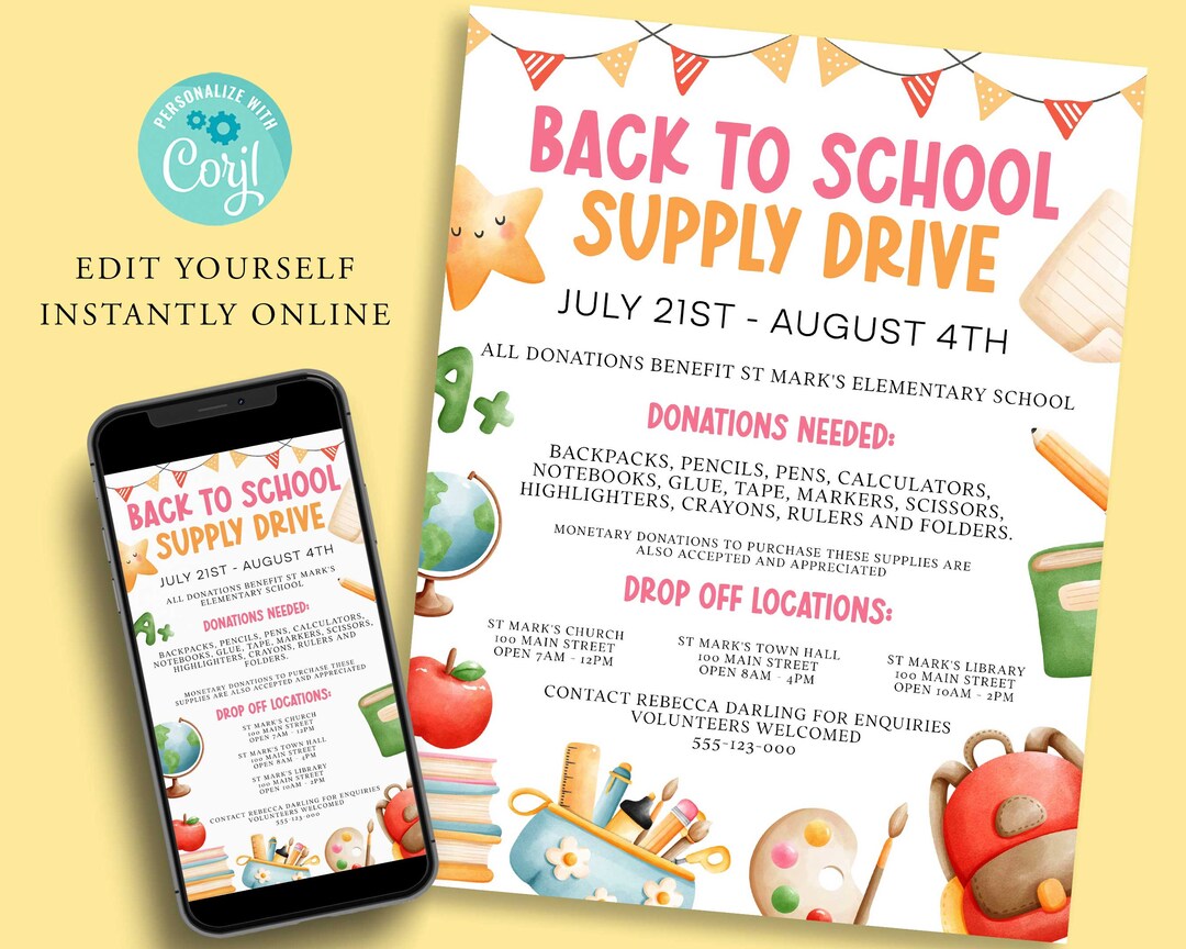BACK to SCHOOL Supply Drive Flyer, Editable Flyer, Pta, Fundraiser ...