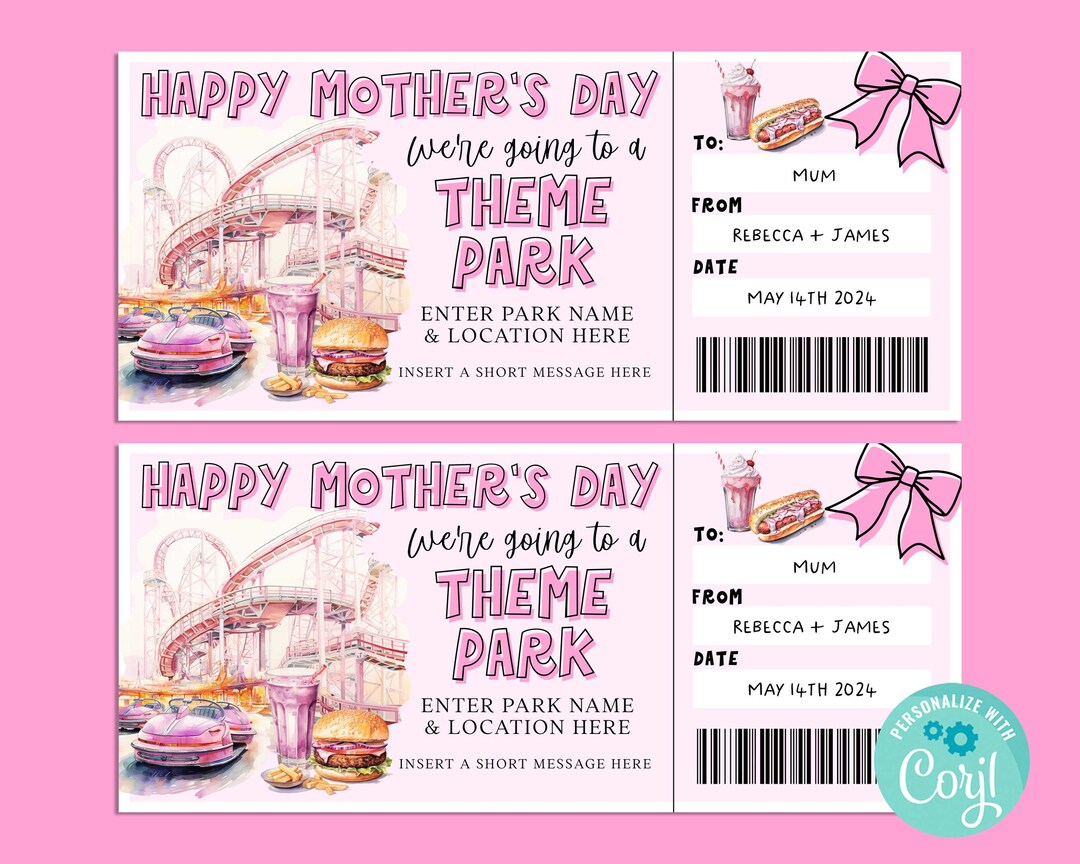 Mothers Day THEME PARK Editable Gift Ticket Template, Birthday Gift ...