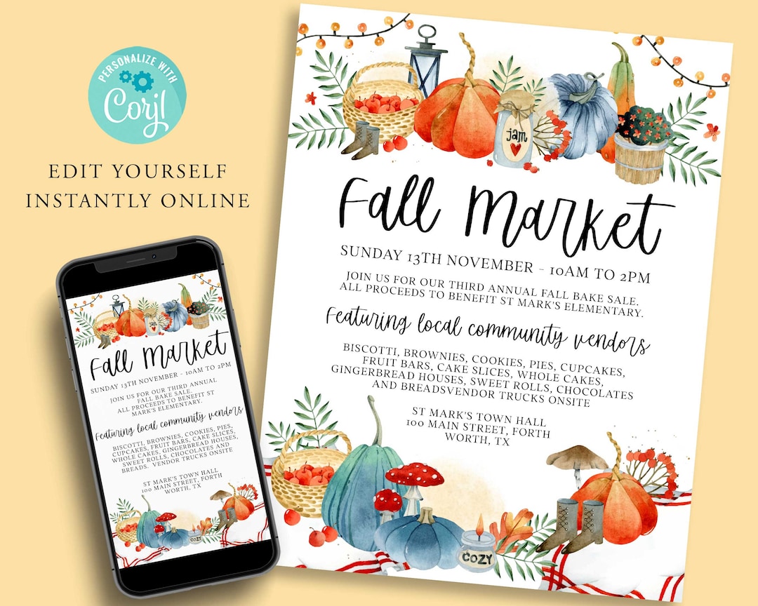 Editable HARVEST MARKET Flyer Template, DIY Market, Event Poster, Fall ...