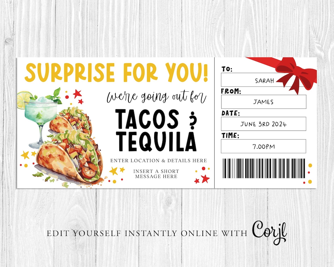 Surprise TACOS & TEQUILA Editable Gift Ticket Template, Birthday Gift ...
