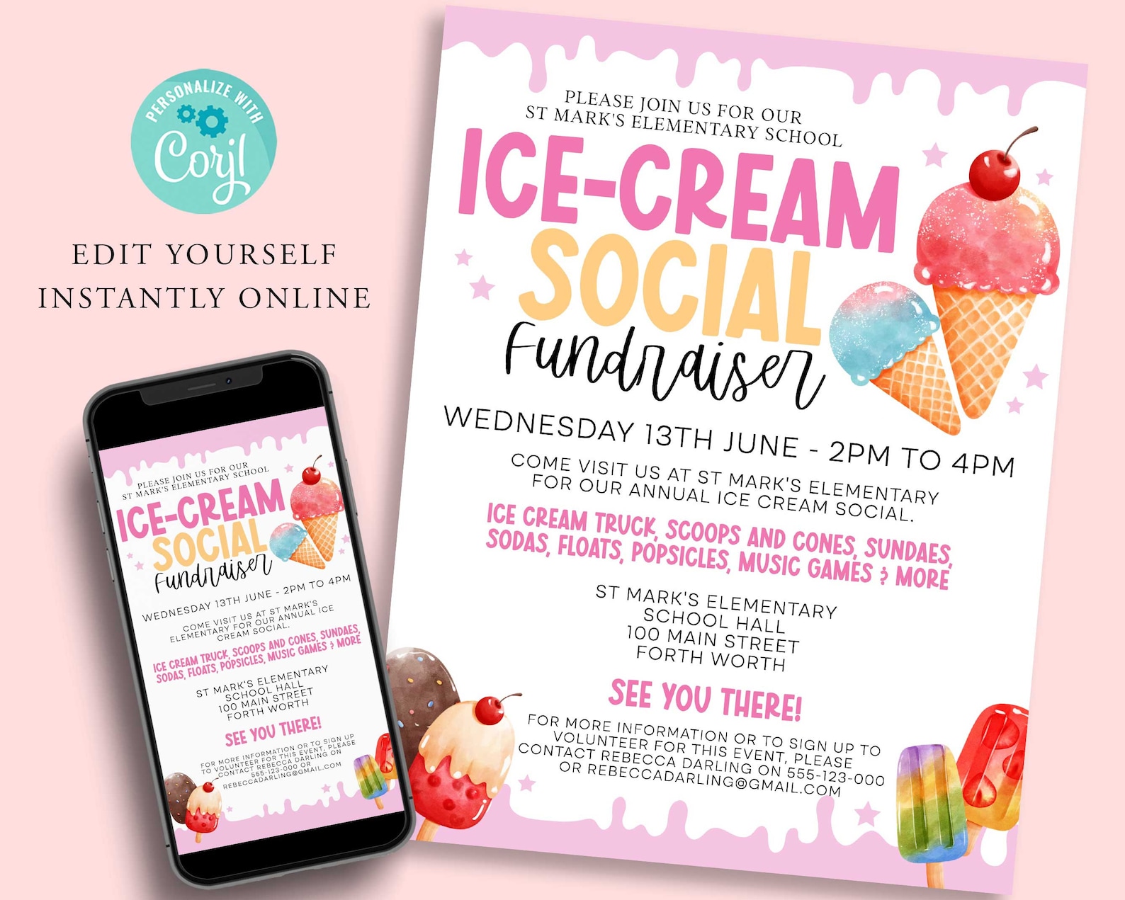 ICECREAM Social Fundraiser Editable Template, Flyer, Printable PTA ...