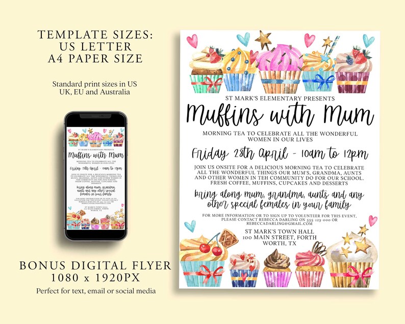 MOTHERS DAY Editable Flyer Template, Bake Sale, Fundraiser, Muffins ...