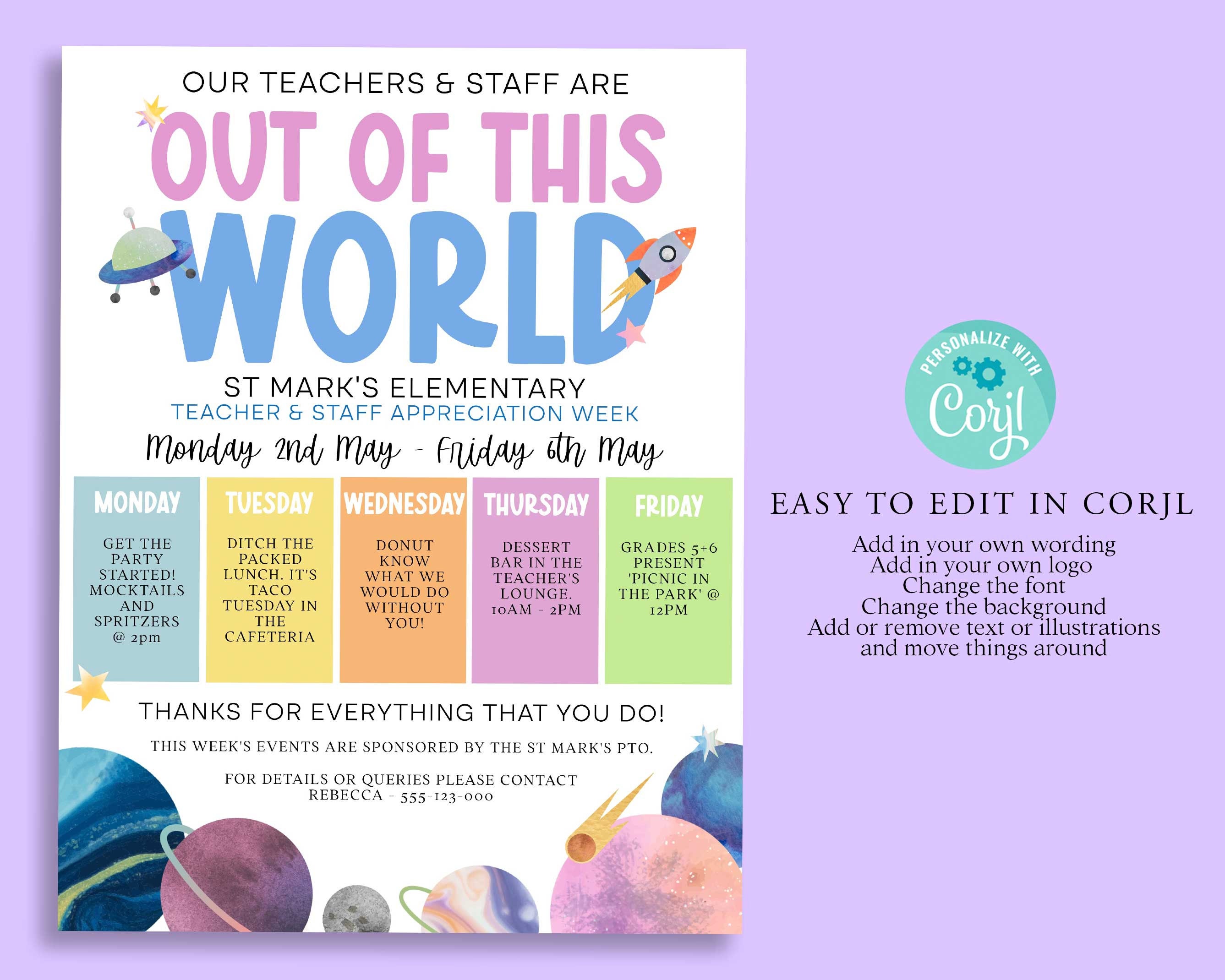 Space TEACHER APPRECIATION Editable Flyer Template, Staff Invite ...