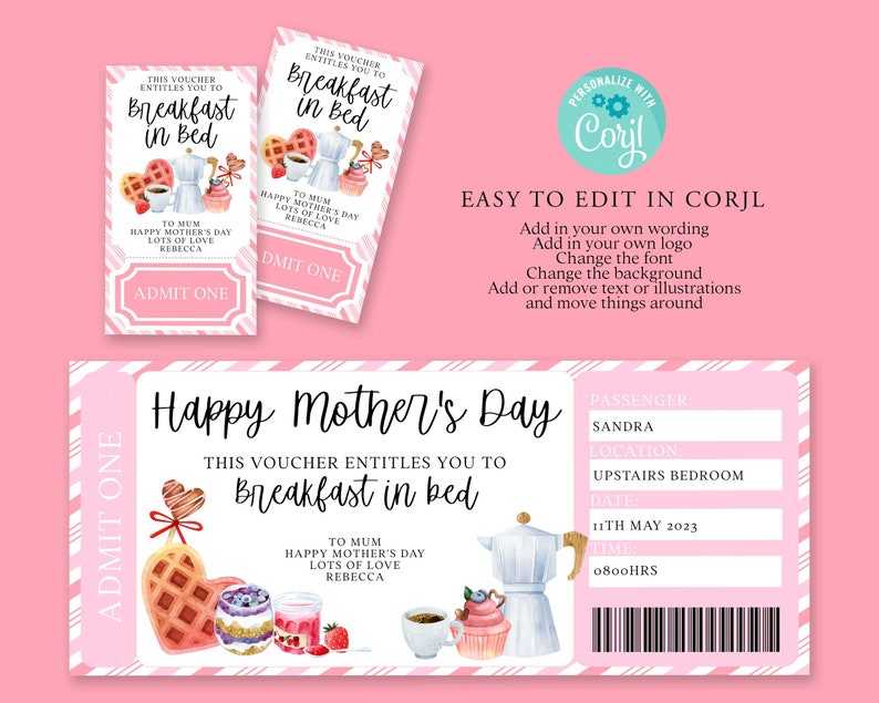 Editable Breakfast in Bed Gift Ticket, Mothers Day, Happy Birthday ...