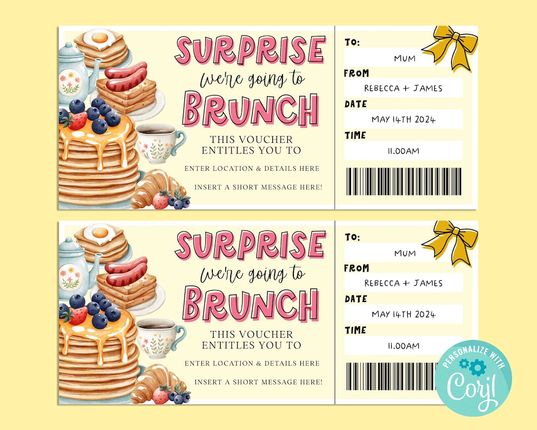 Surprise BRUNCH Gift Ticket, Happy Birthday Gift Card, Gift Certificate ...