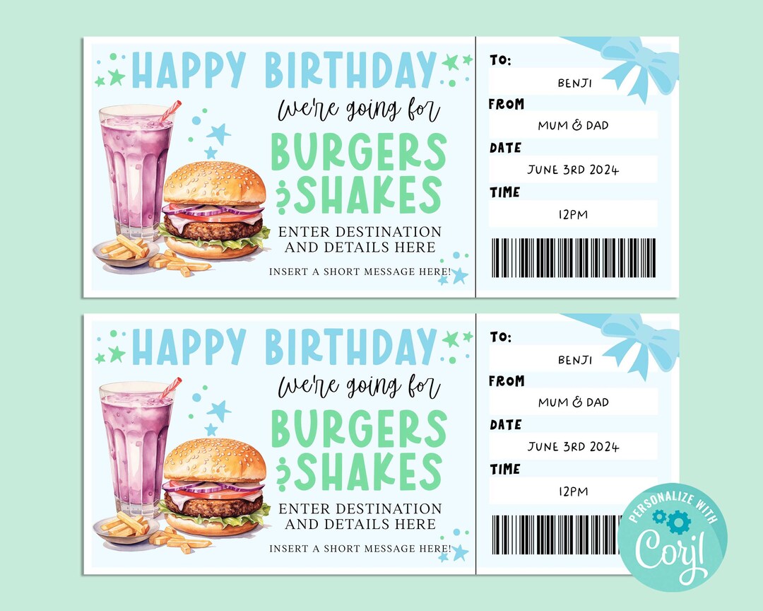 Birthday BURGERS & SHAKES Editable Gift Ticket Template, Birthday Gift ...