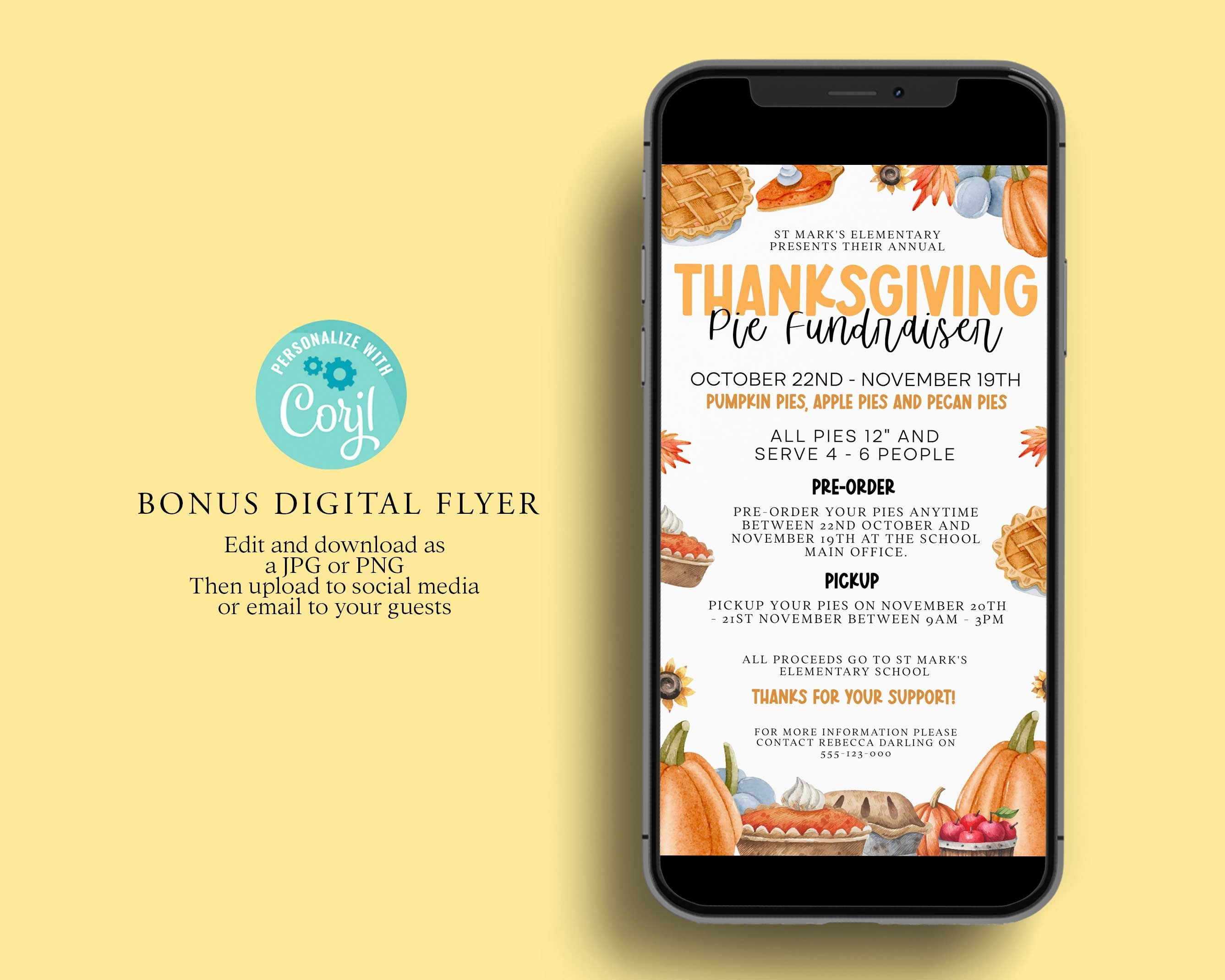 THANKSGIVING Pie, Printable PTA Flyer, School Breakfast Appreciation ...