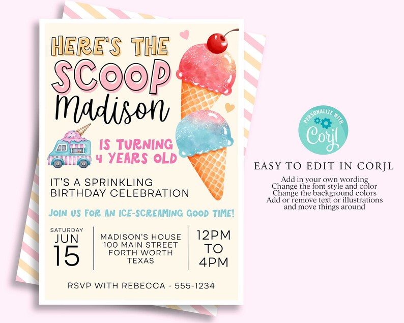 ICE CREAM Party Flyer Editable Template, Diy Kids Birthday, Party ...