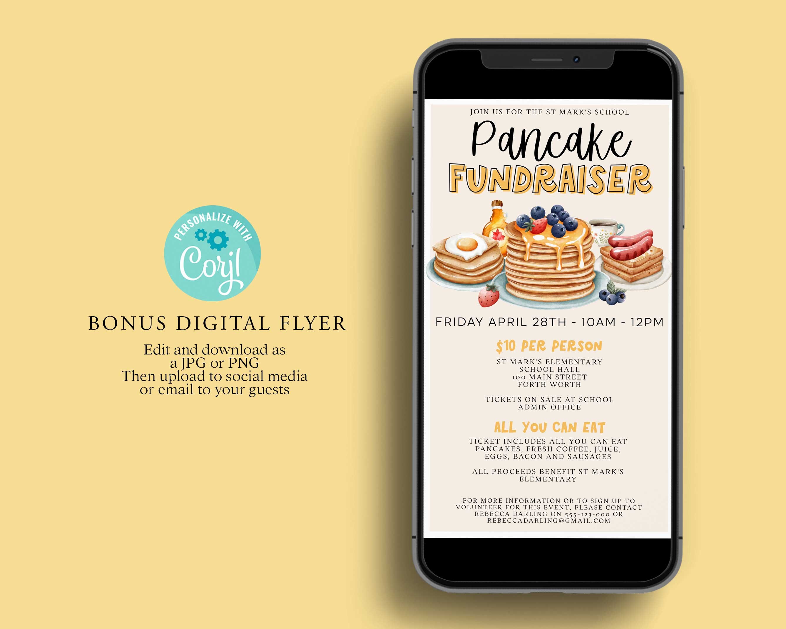 PANCAKE Fundraiser Editable Flyer Template, Teacher Appreciation, PTO ...