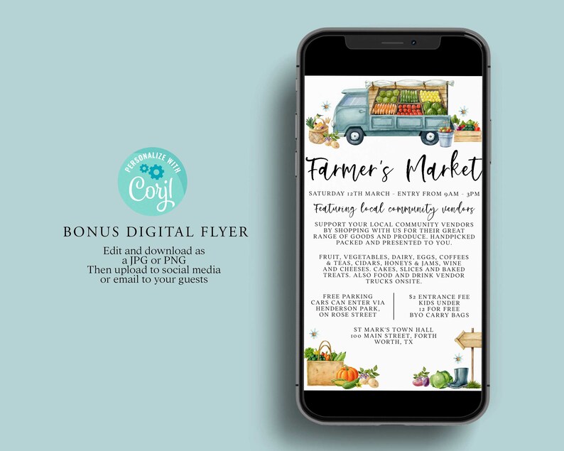 FARMERS MARKET Editable Flyer, DIY Market Fundraiser, Fruit Vegetables ...