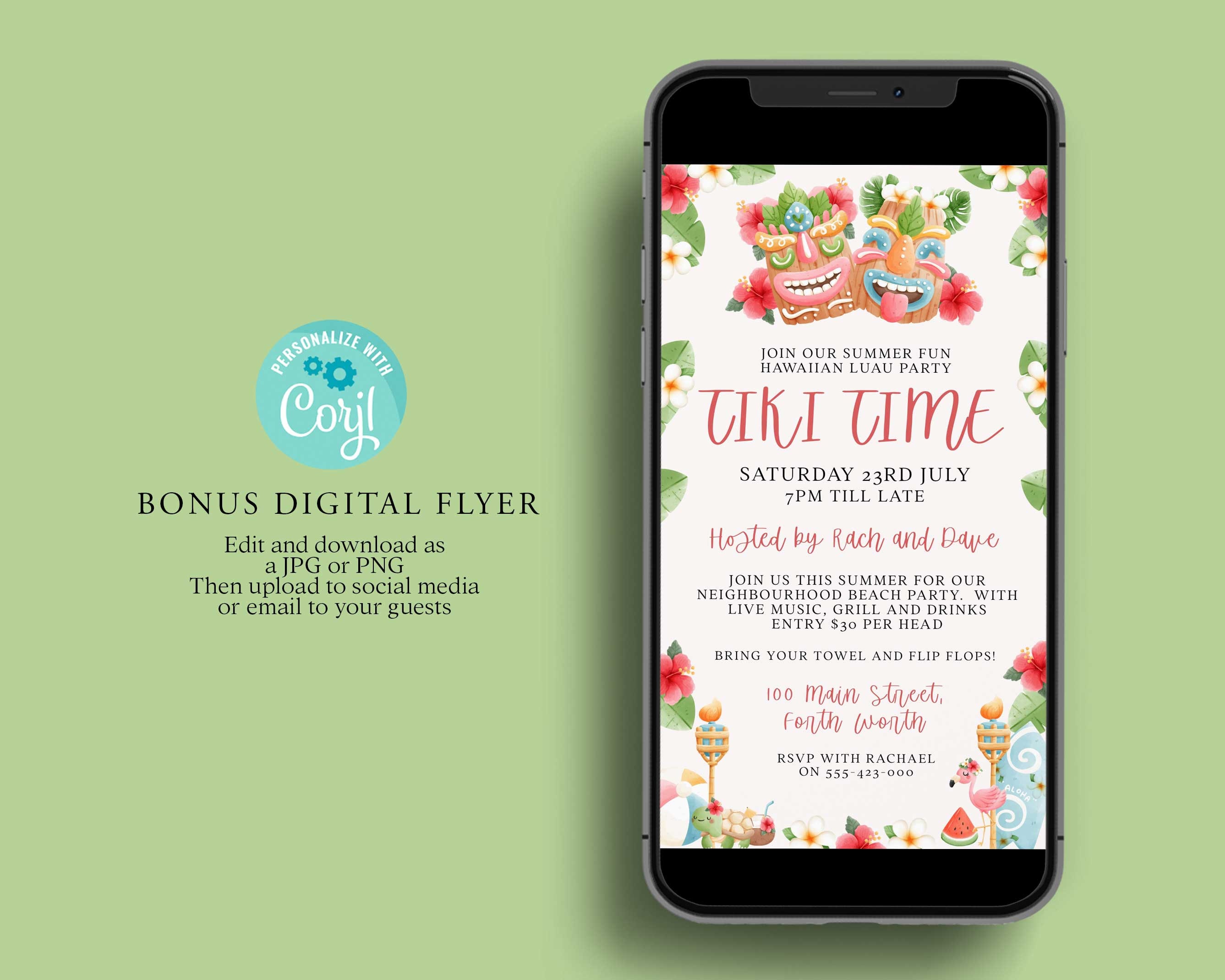 Editable TIKI Party Flyer Template, Diy Barbeque Invite, Summer, Luau ...