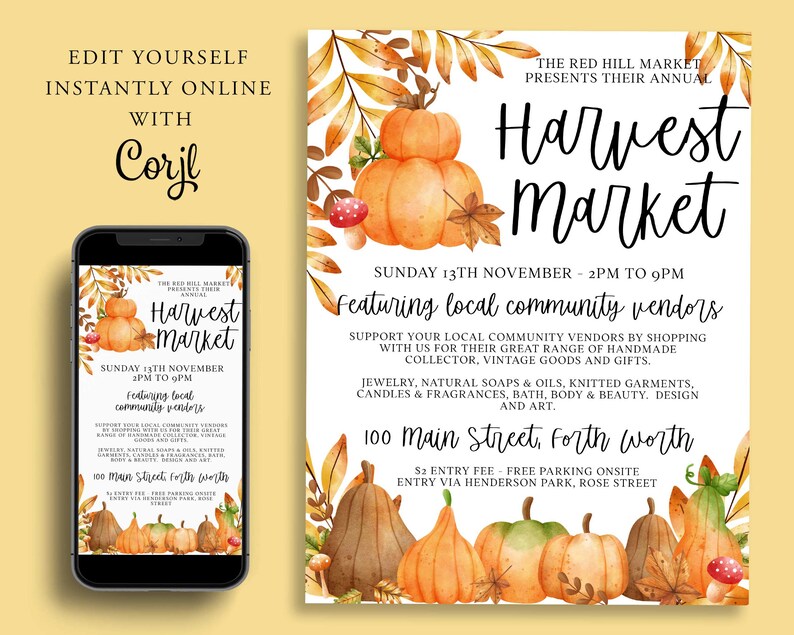 Editable HARVEST MARKET Flyer Template, DIY Market, Event Poster, Fall ...