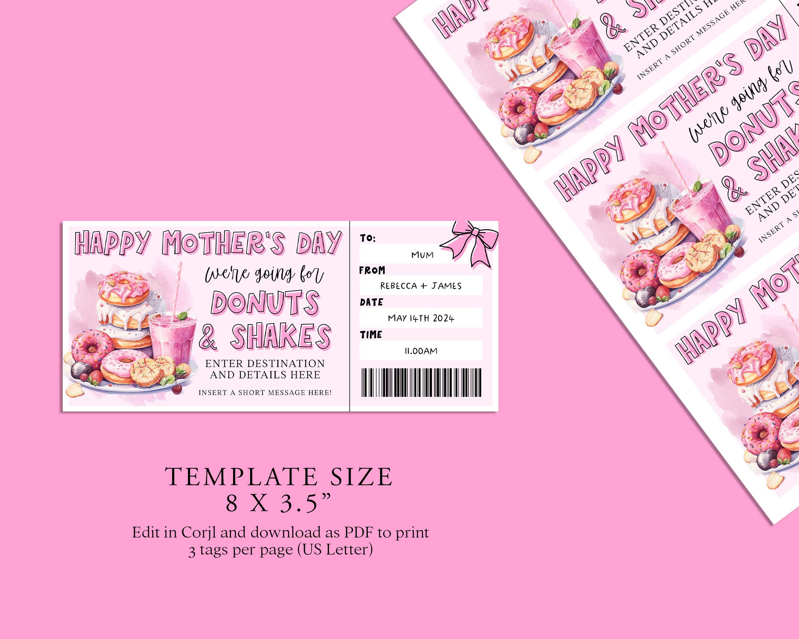 Mothers Day DONUTS & SHAKES Editable Gift Ticket Template, Birthday ...
