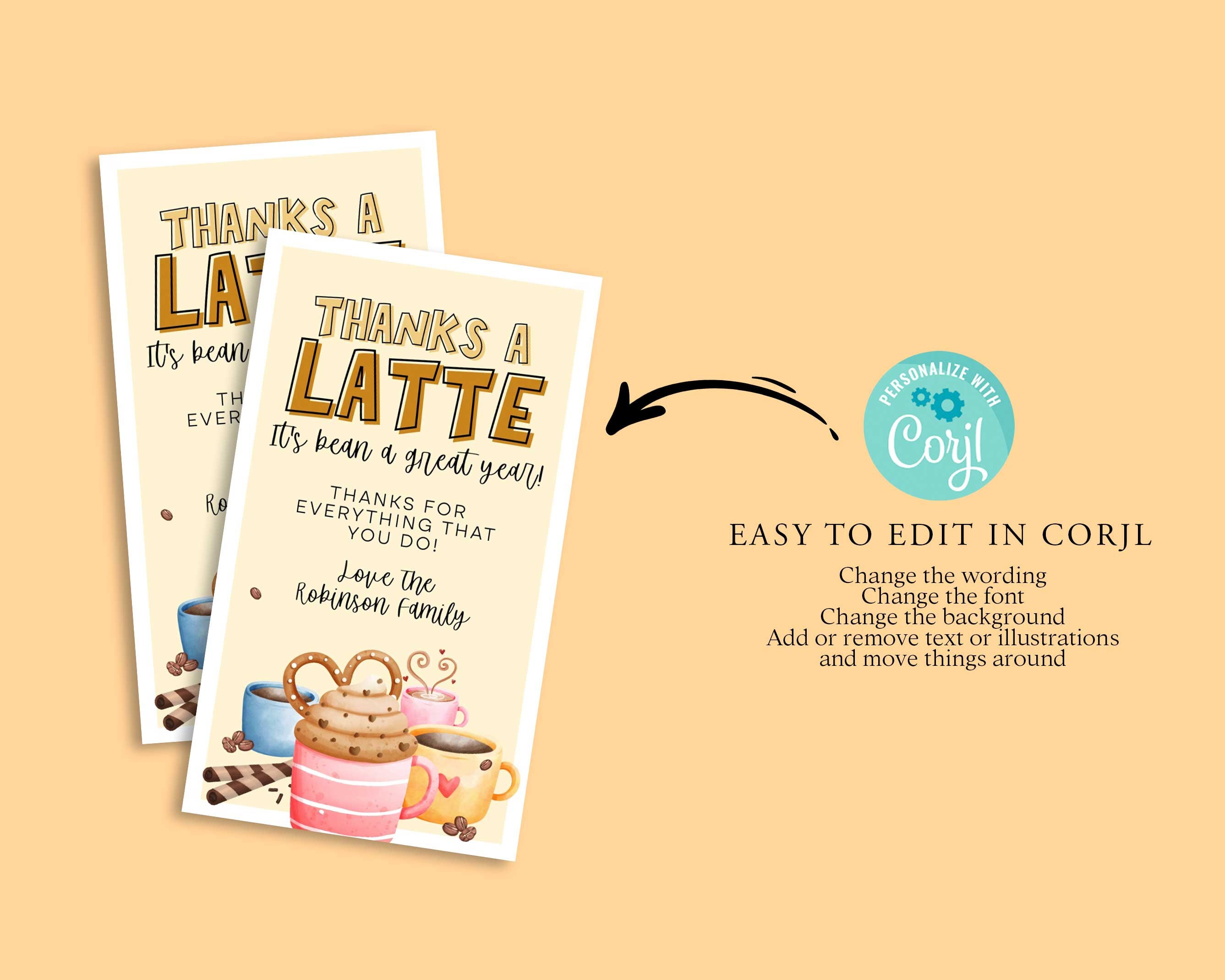 LATTE Appreciation Gift Tag, Teacher, Friends, Mothers Day, Valentine ...