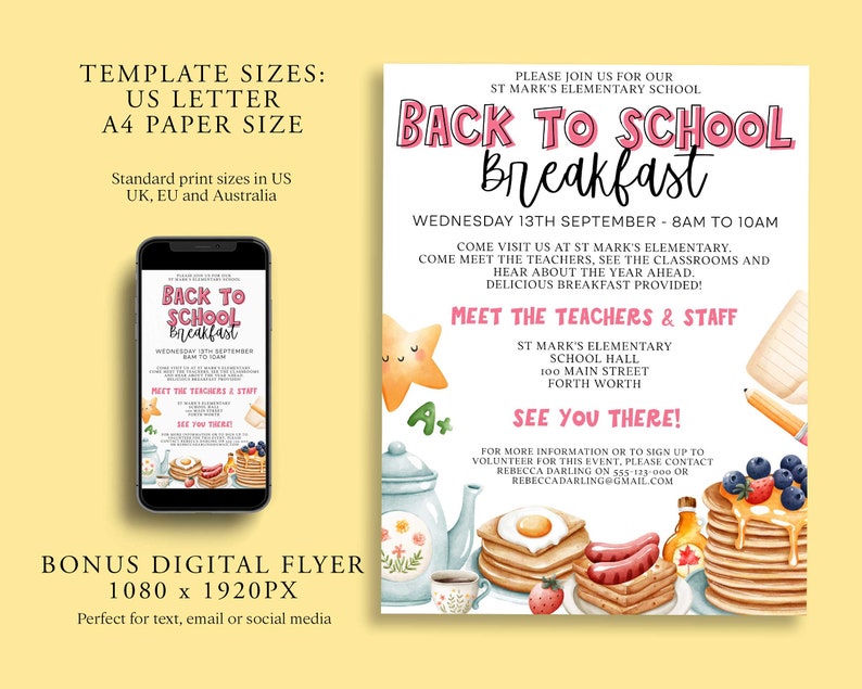 BACK to School Breakfast Flyer, Printable PTA Flyer, School Breakfast ...