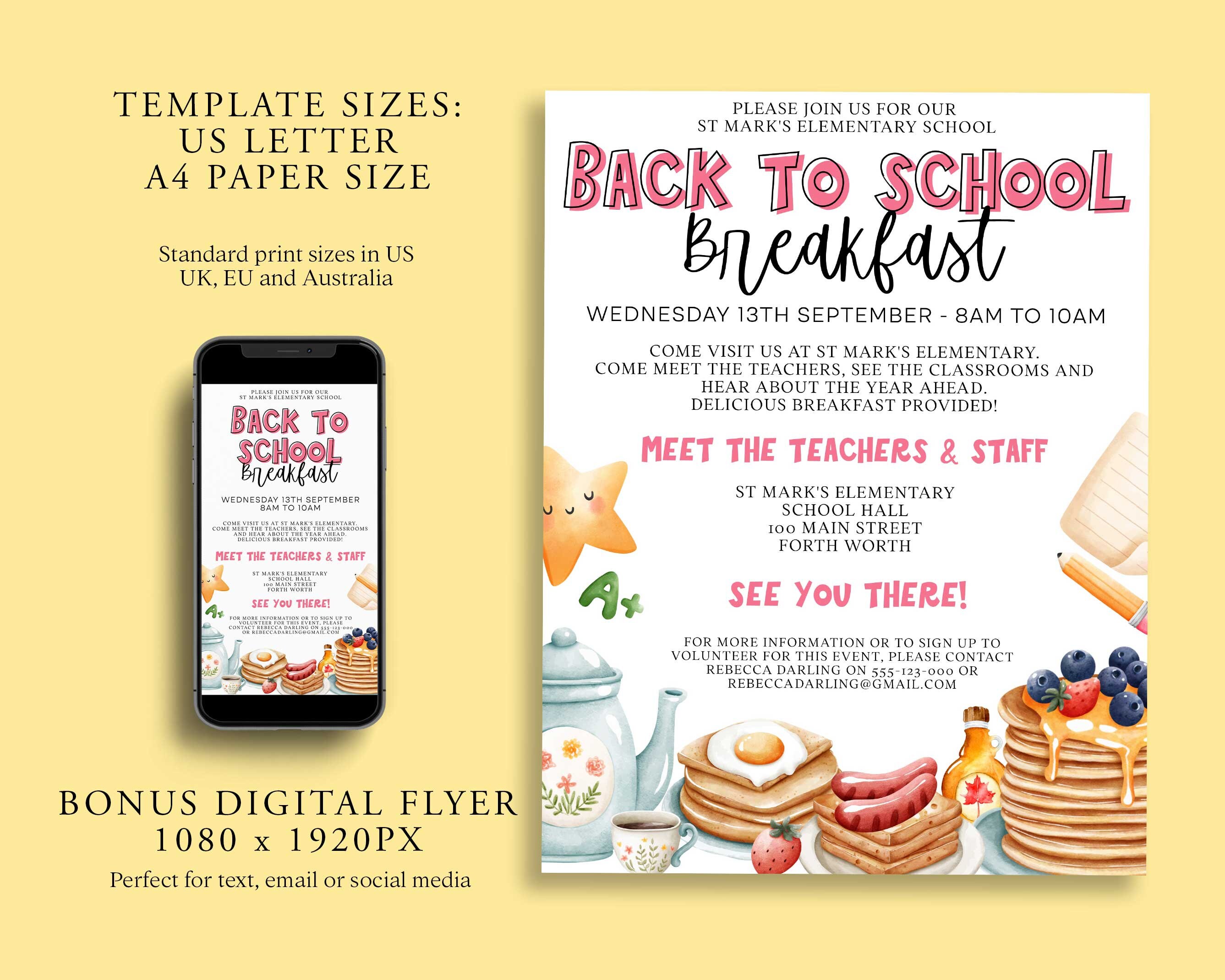 BACK to School Breakfast Flyer, Printable PTA Flyer, School Breakfast ...