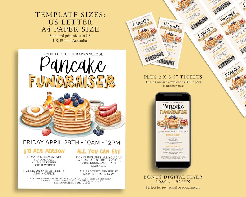 PANCAKE Fundraiser Editable Flyer Template, Teacher Appreciation, PTO ...