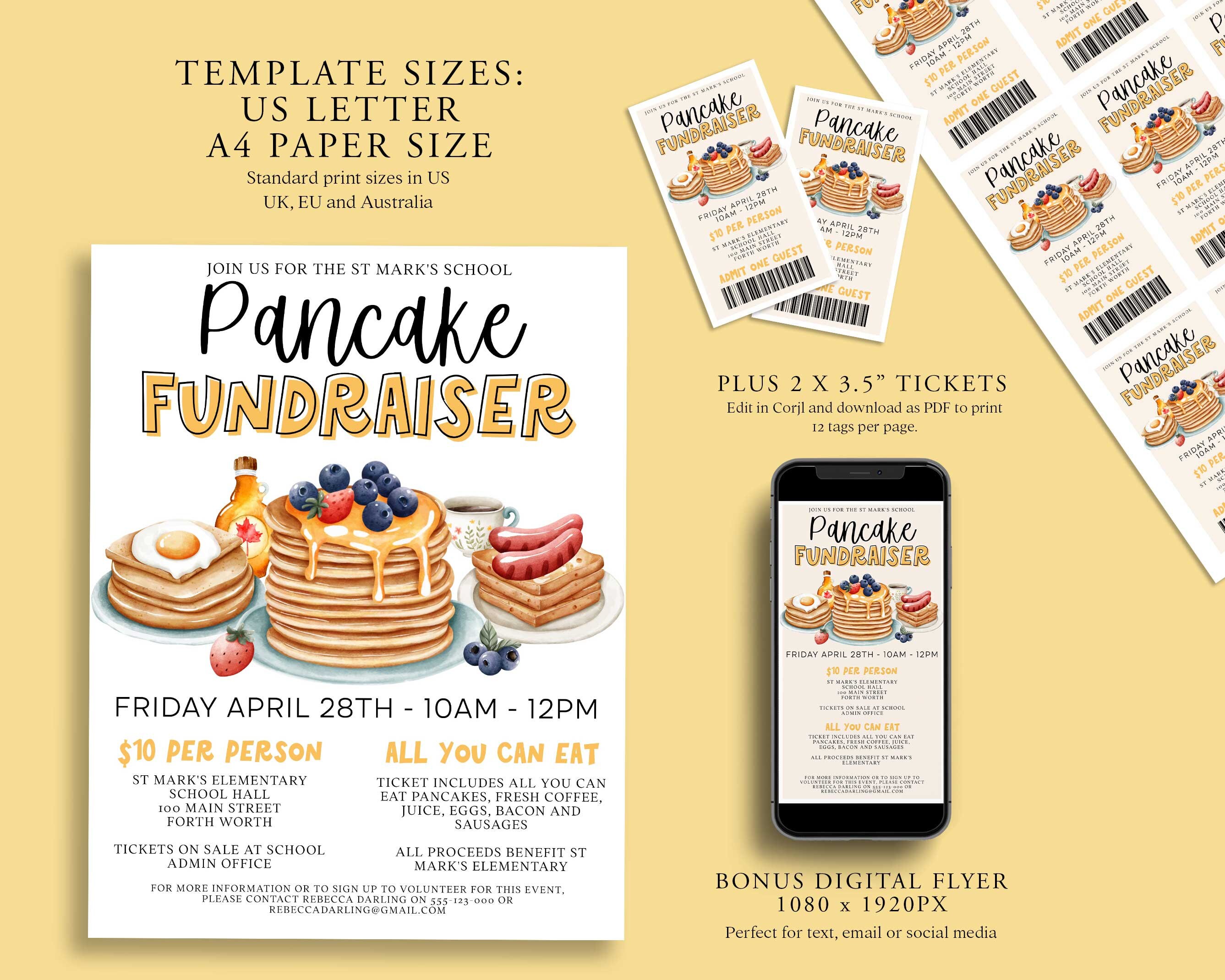 PANCAKE Fundraiser Editable Flyer Template, Teacher Appreciation, PTO ...