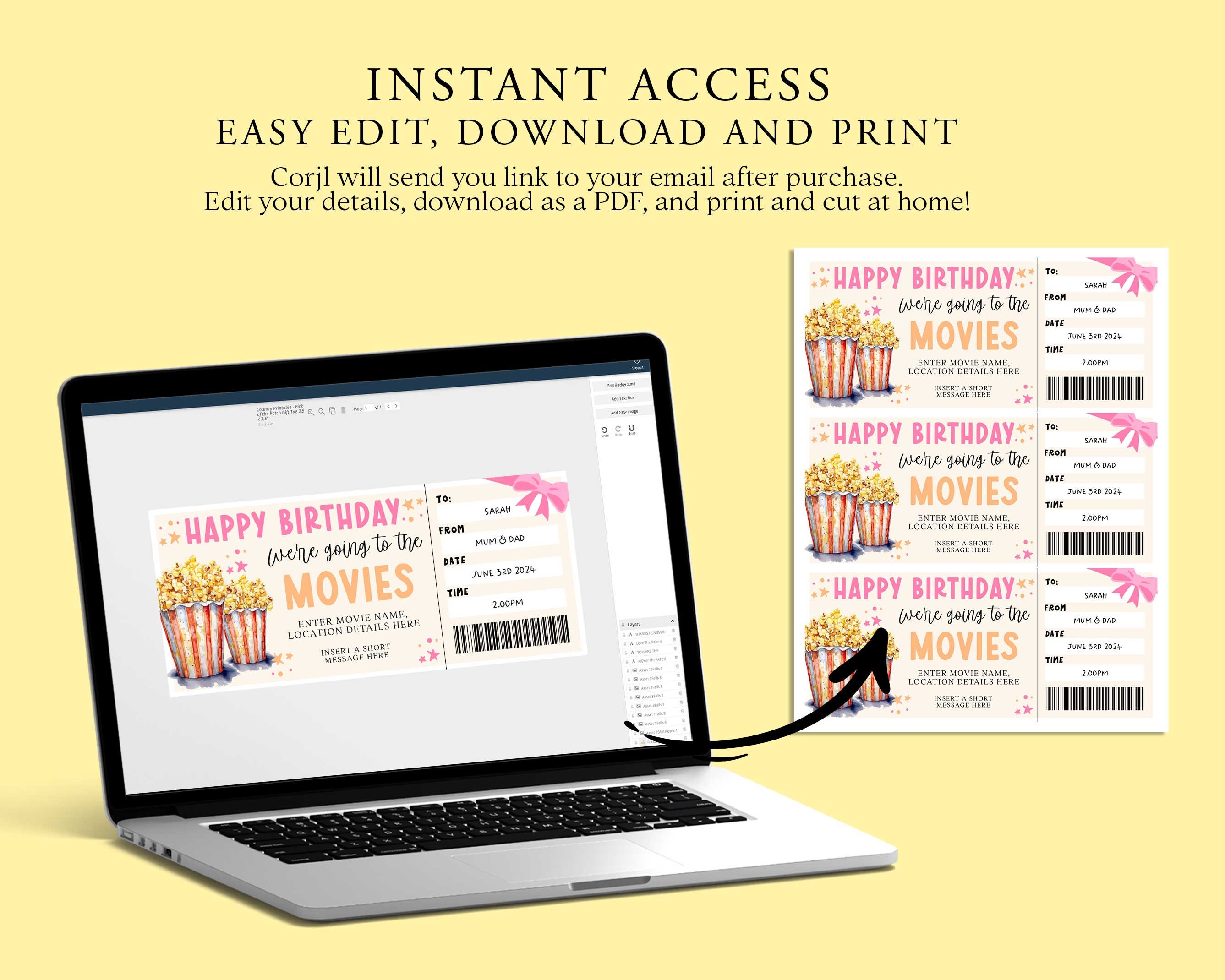 Birthday MOVIES Editable Gift Ticket Template, Happy Birthday Gift ...