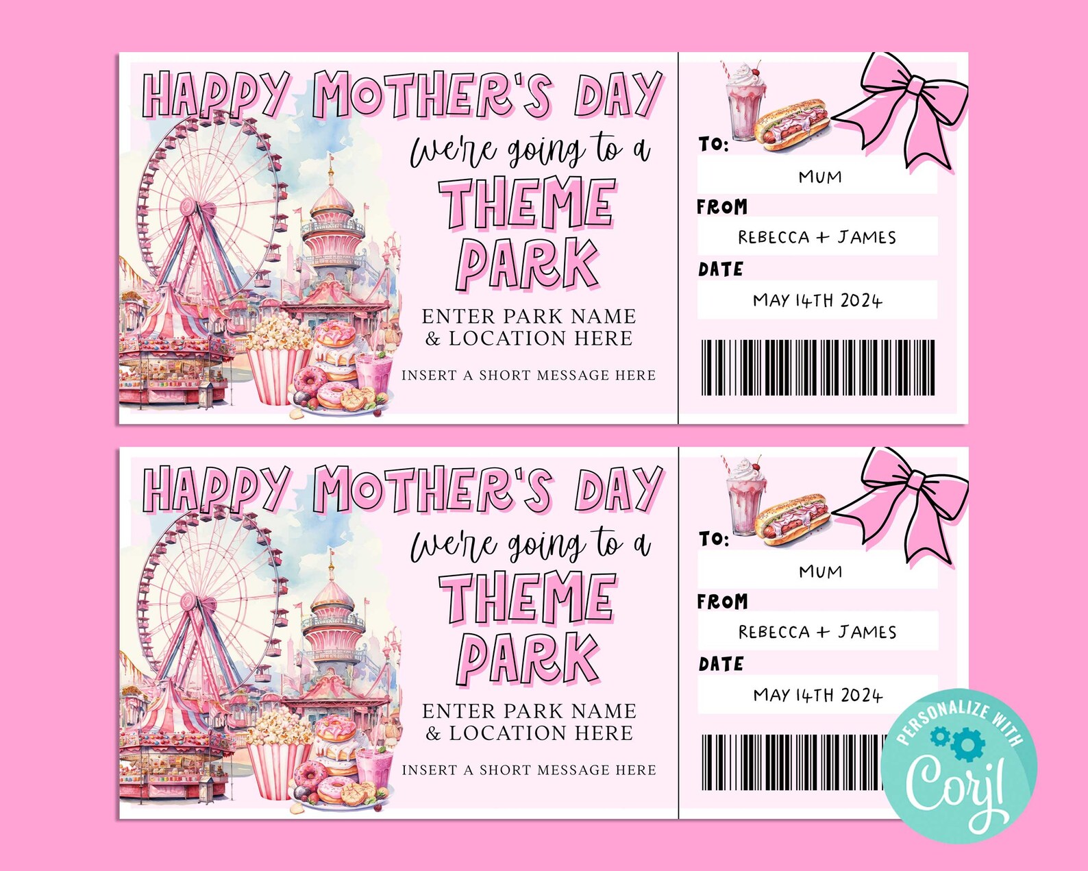 Mothers Day THEME PARK Editable Gift Ticket Template, Birthday Gift ...