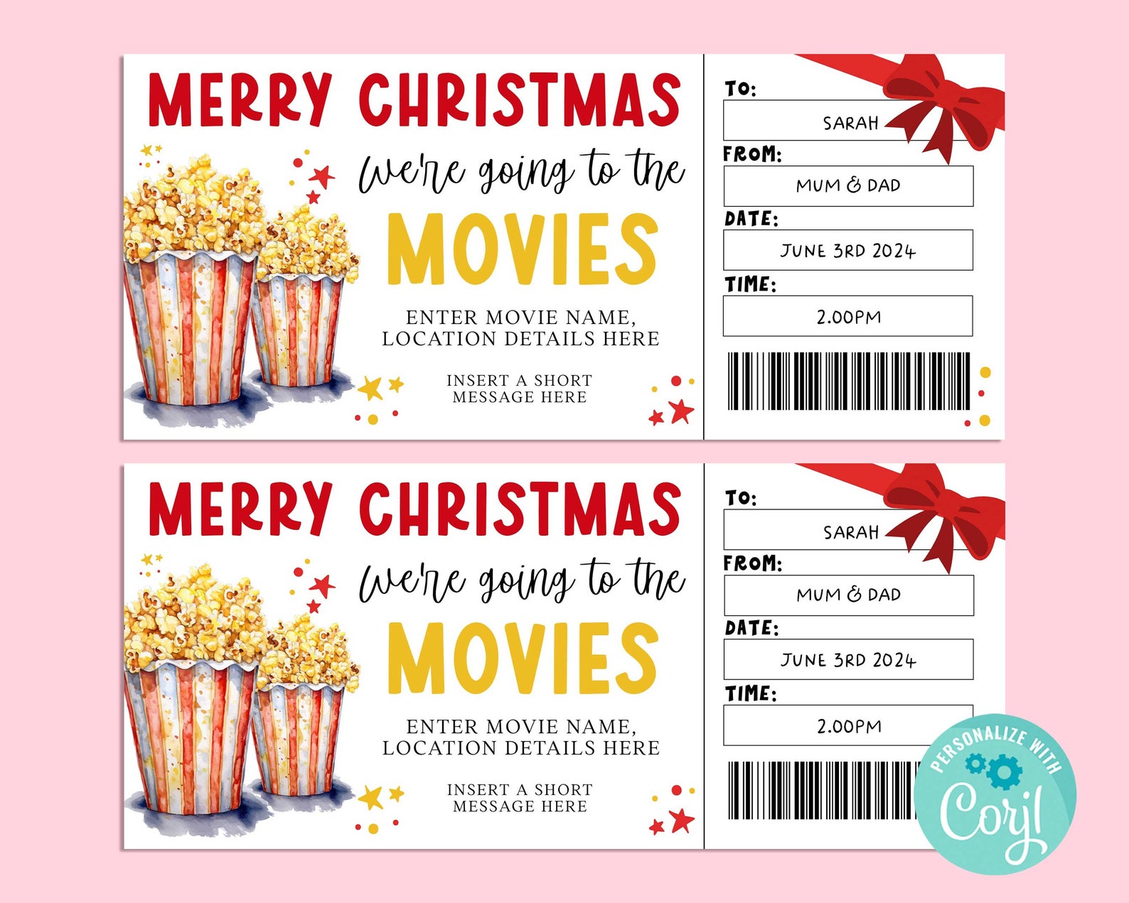 Merry Christmas MOVIES Editable Gift Ticket Template, Seasonal Gift ...