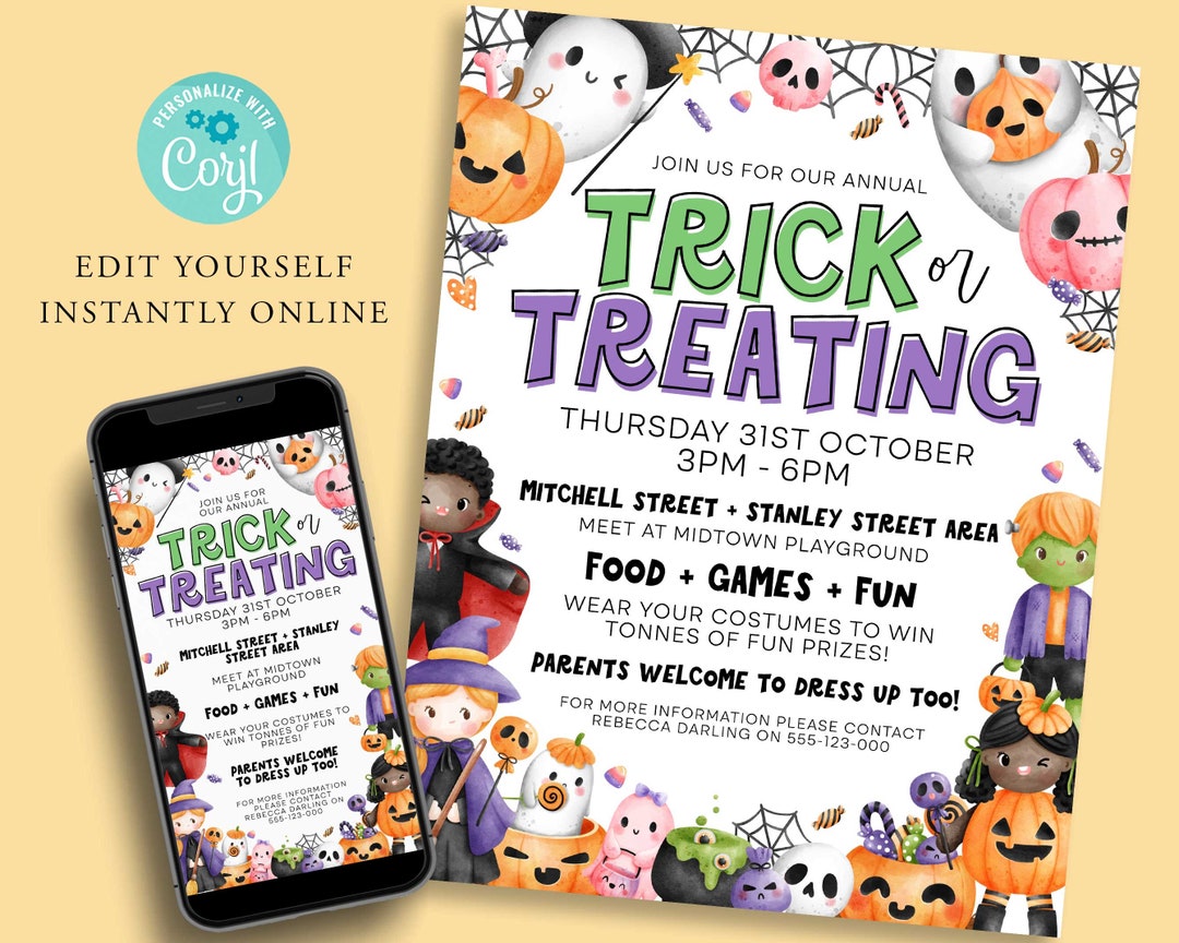 TRICK OR TREATING Neighbourhood Flyer, Editable Template, Diy Barbeque ...
