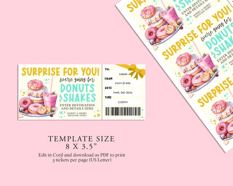 Surprise DONUTS & SHAKES Editable Gift Ticket Template, Happy Birthday ...