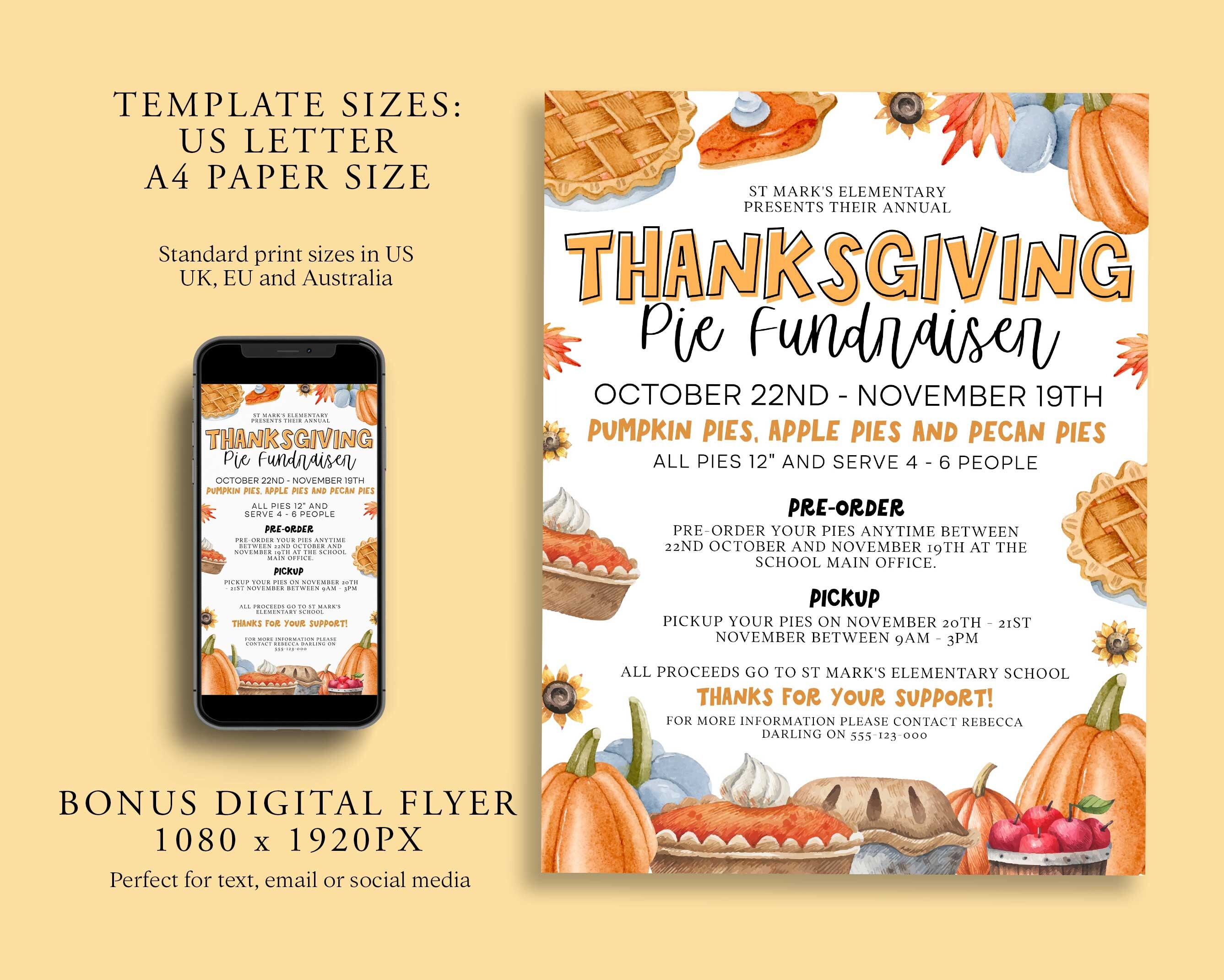 THANKSGIVING Pie, Printable PTA Flyer, School Breakfast Appreciation ...