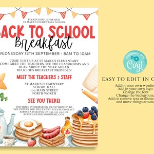 BACK to School Breakfast Flyer, Printable PTA Flyer, School Breakfast ...