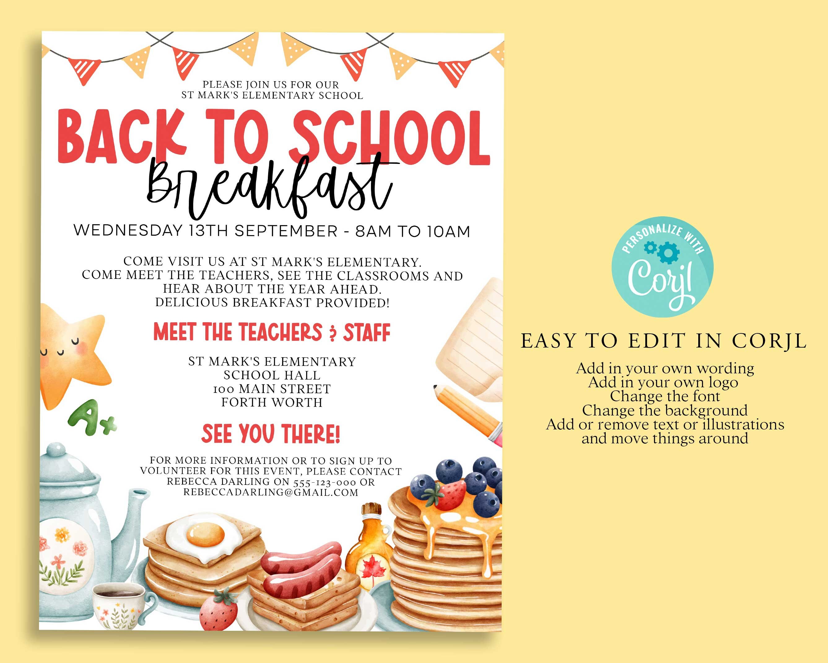 BACK to School Breakfast Flyer, Printable PTA Flyer, School Breakfast ...