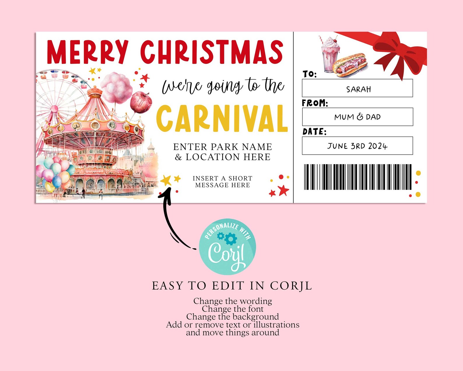 Merry Christmas CARNIVAL Editable Gift Ticket Template, Xmas Gift ...